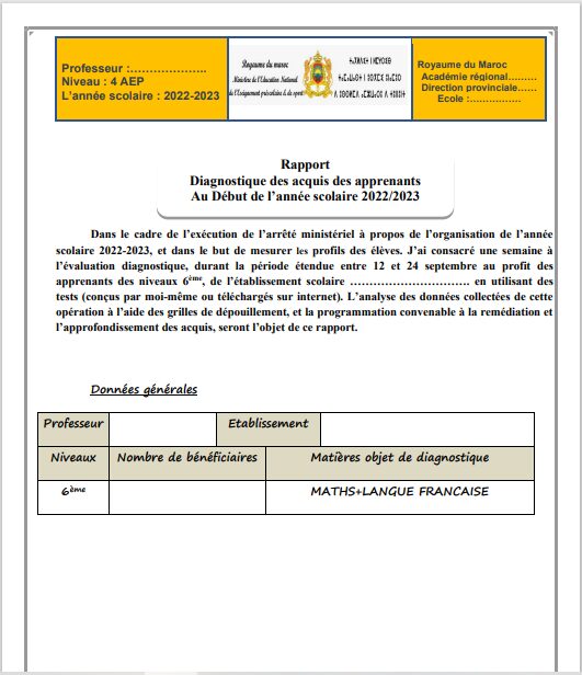 Rapport de l’évaluation diagnostique 6èmé AEP 2022-2023 | word – men-gov.com